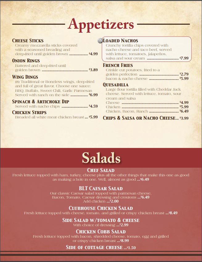 Menu - Oak Springs Golf Course
