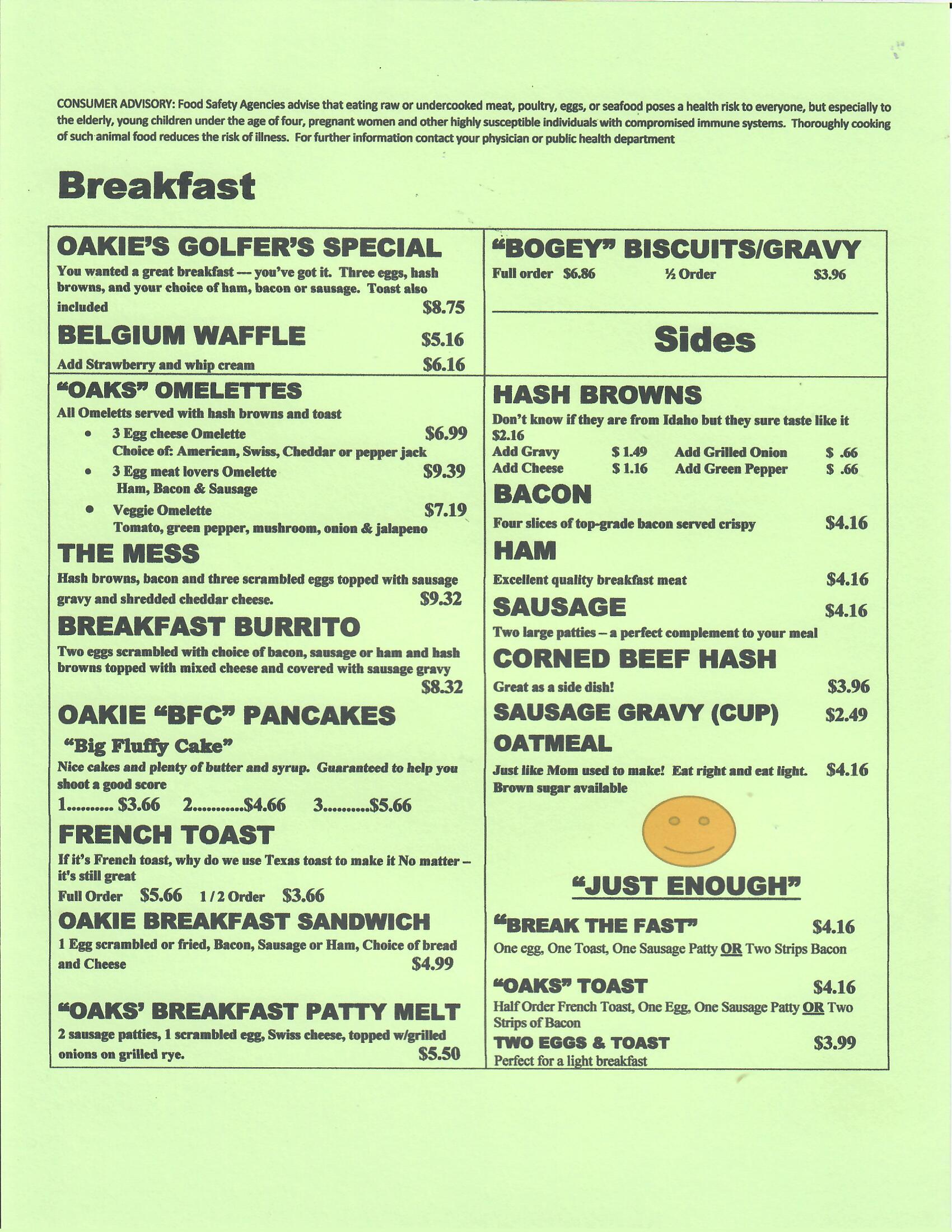 Menu - Oak Springs Golf Course
