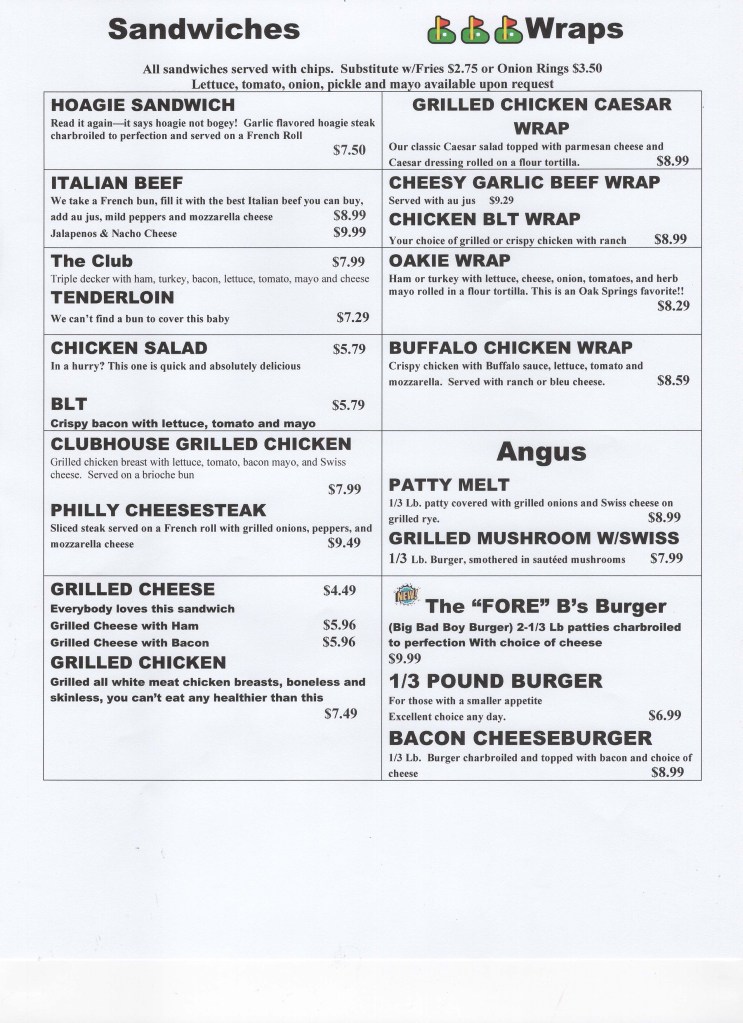 Menu - Oak Springs Golf Course